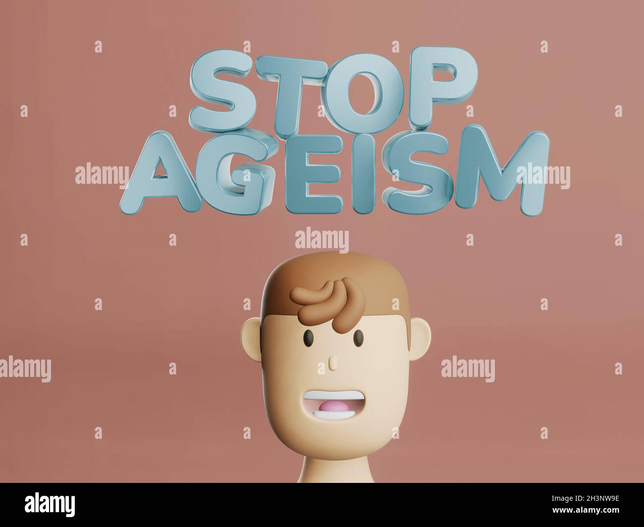 3d render of text Stop ageism and cartoon man head. Social problem of ...