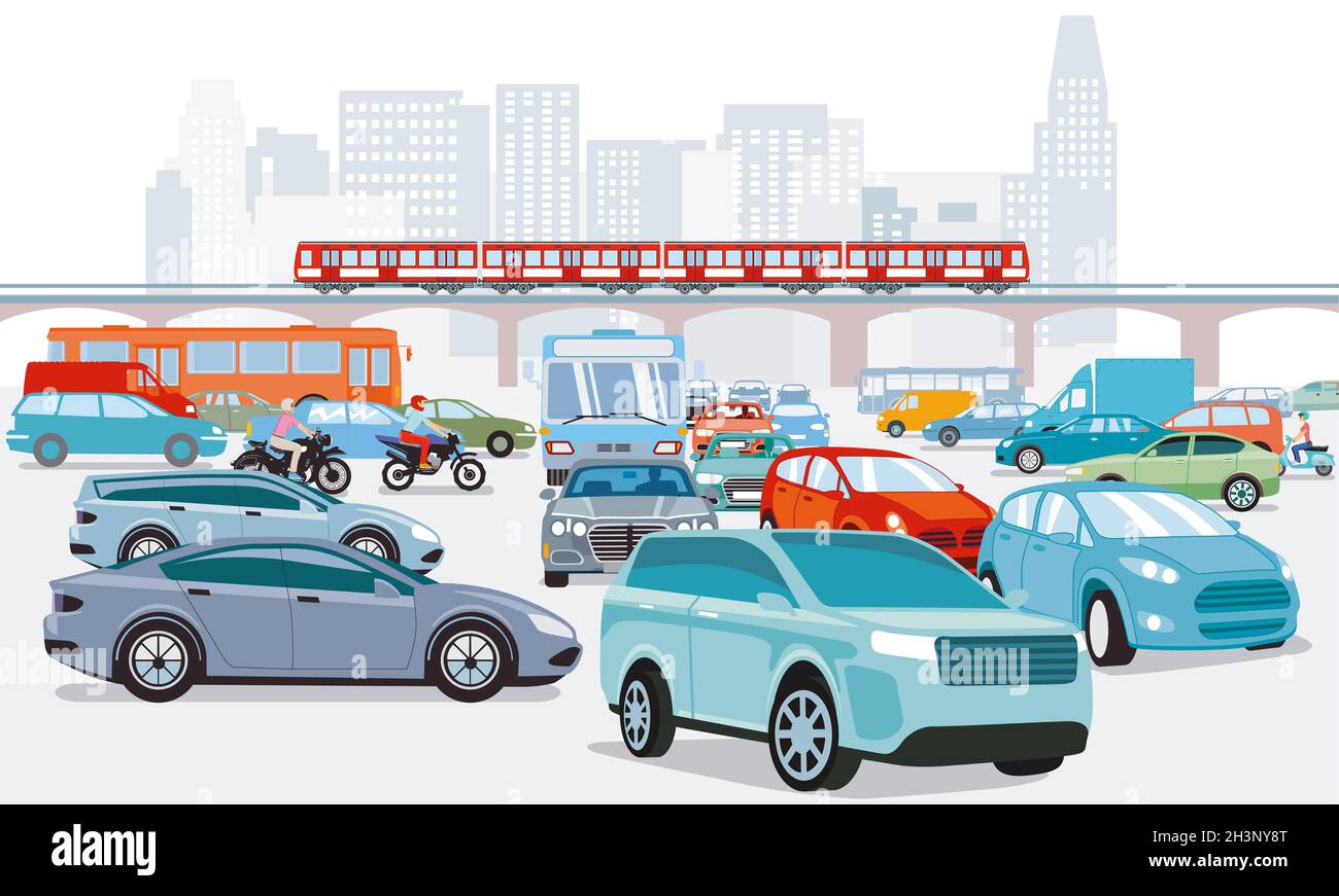 Traffic jam at the road intersection and Transport by elevated train ...