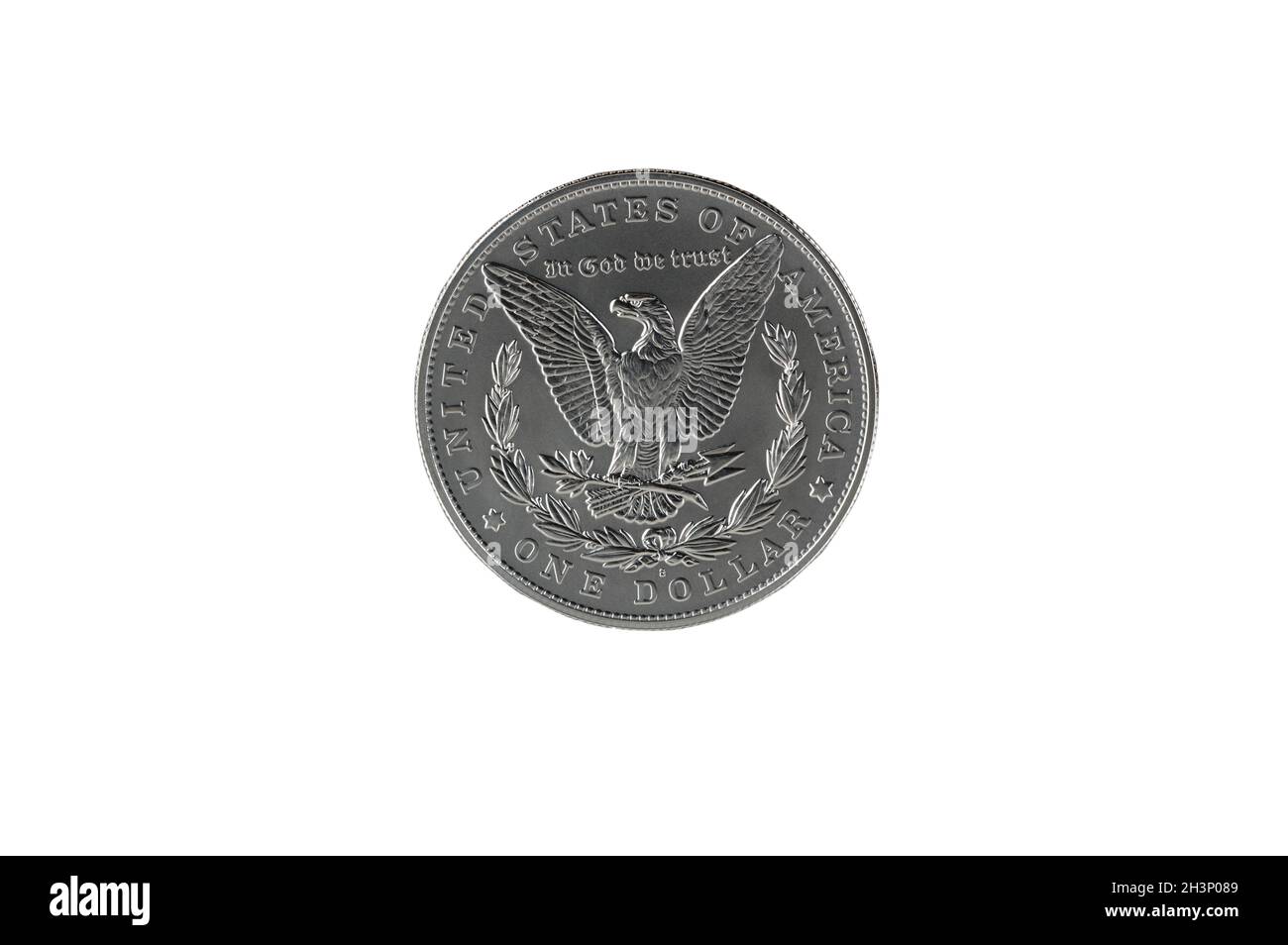 Reverse side of Morgan silver dollar, in mint state condition, isolated ...