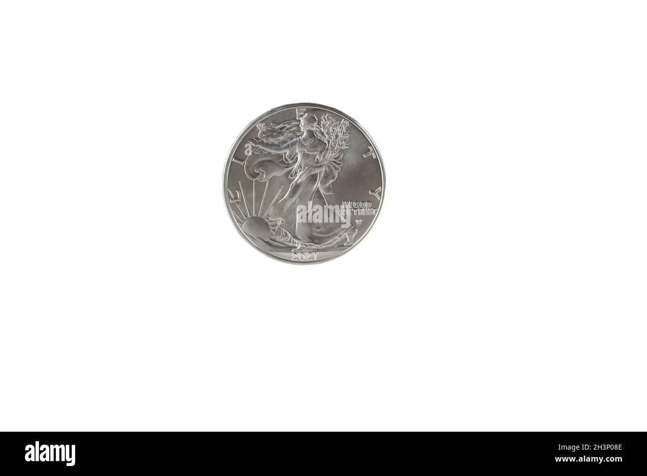 Obverse side of a 2021 walking liberty silver dollar, in mint state ...