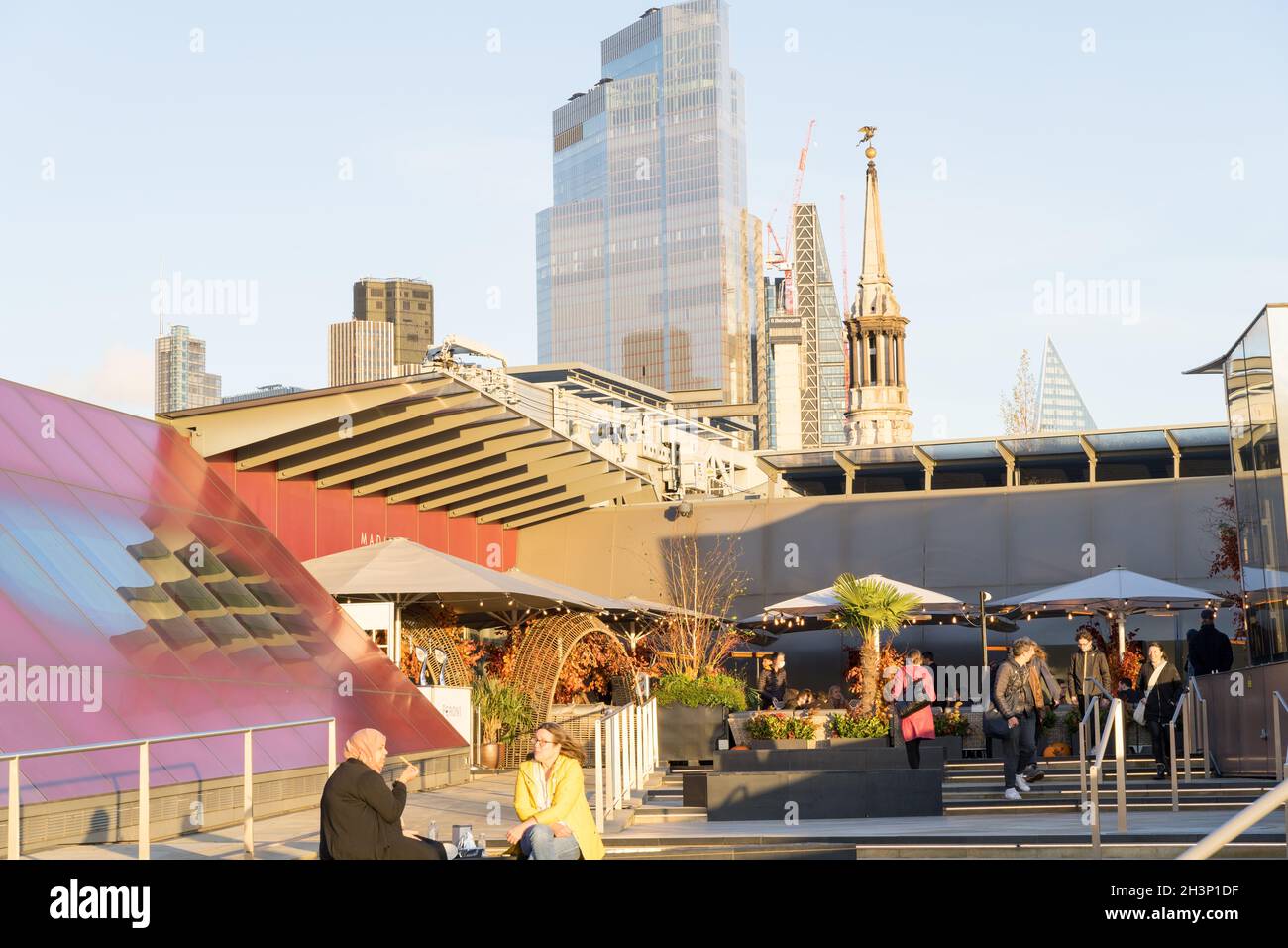Winter sunset on roof top garden in City of London Square mile England ...