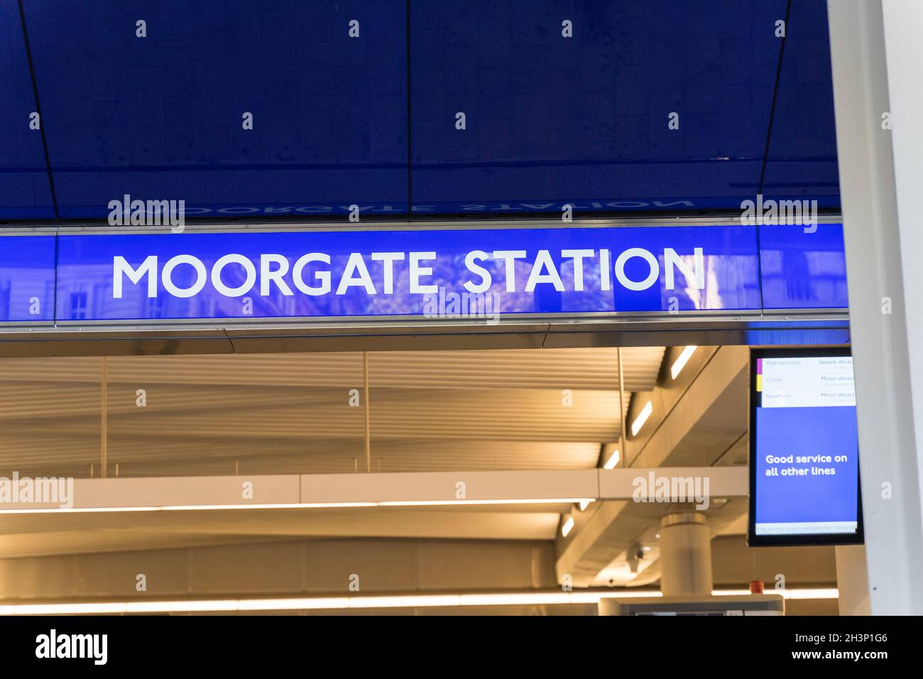 Moorgate station sign in White with blue background LED screen London ...