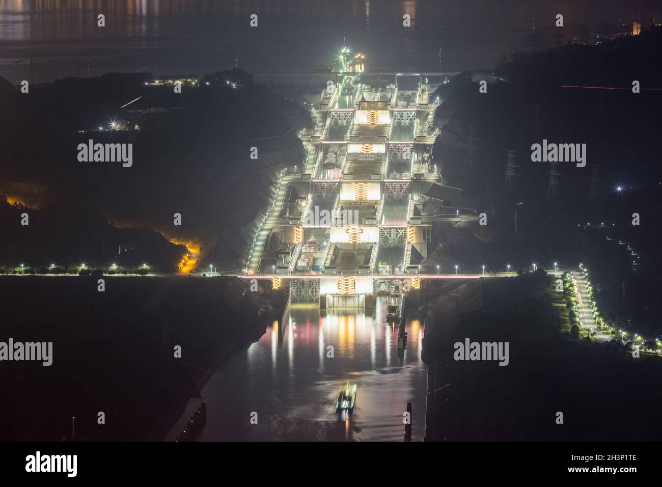 Three gorges five-level ship lock at night Stock Photo - Alamy