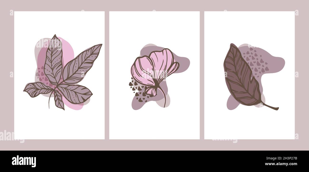 Set of minimalist posters with floral decorative elements and abstract ...