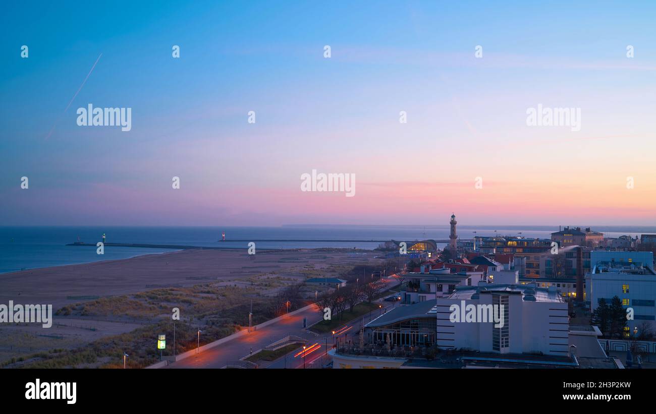 Panorama of coast and lighthouse of Warnemuende town on German Baltic ...