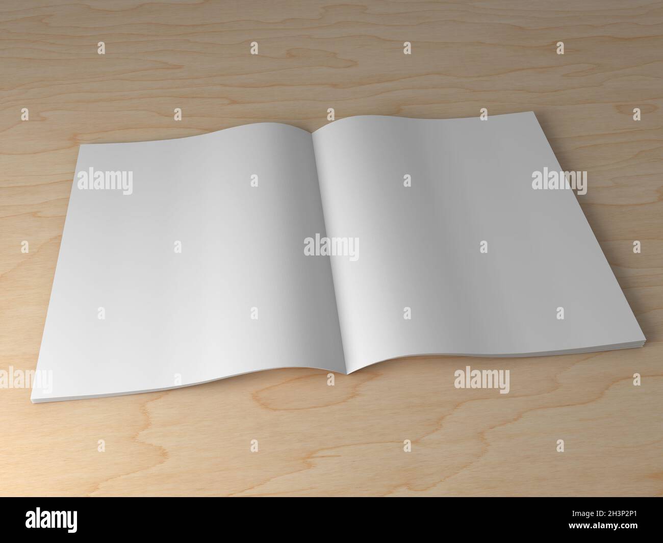 3d Rendering of an open magazine with white empty pages on wooden ...