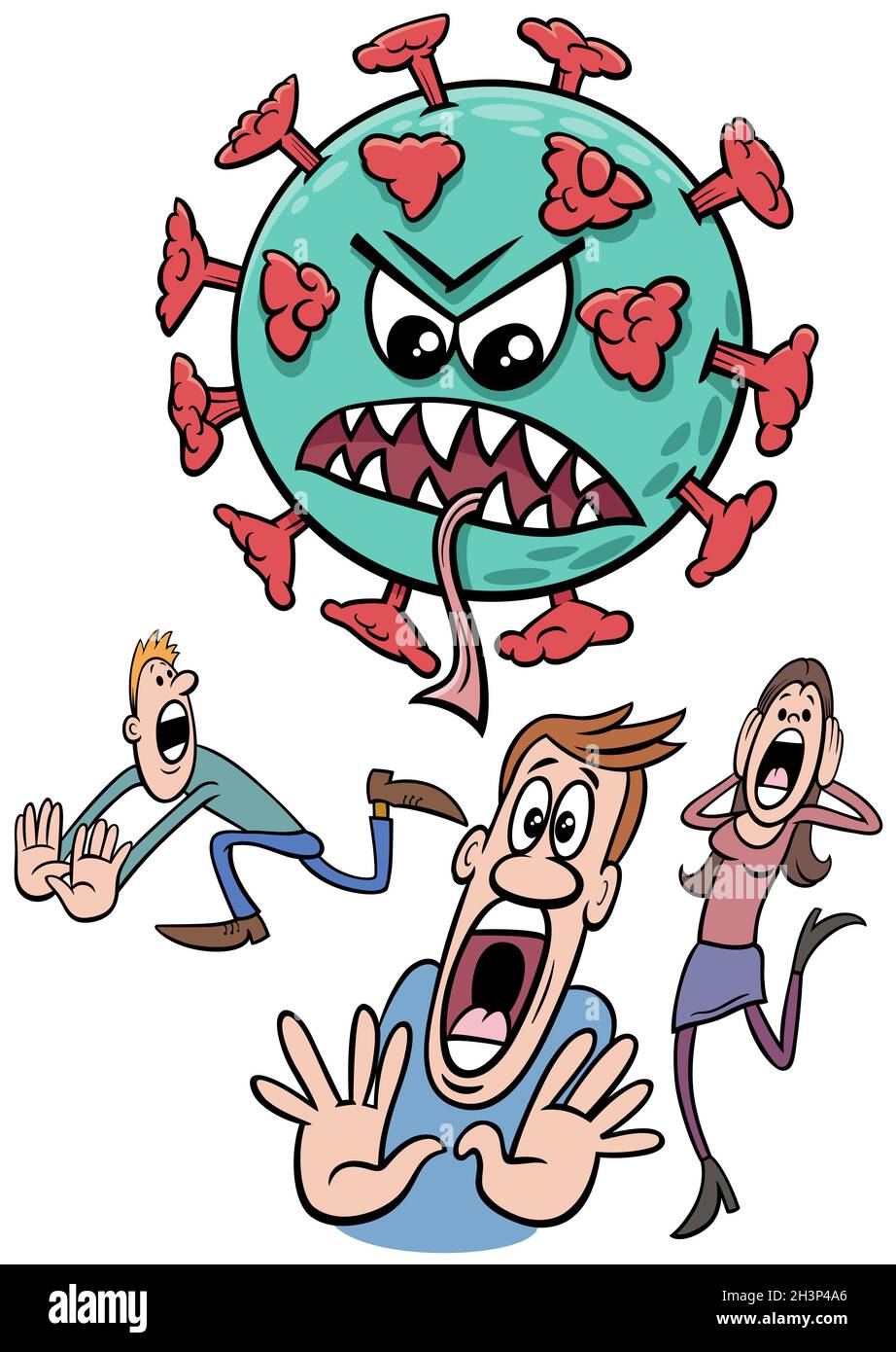 Coronavirus and people run away in panic cartoon illustration Stock ...