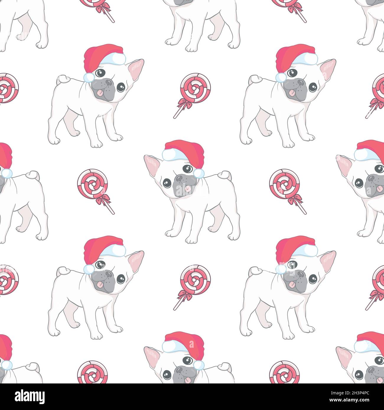 Dog seamless pattern Christmas vector french bulldog Santa Claus Xmas ...