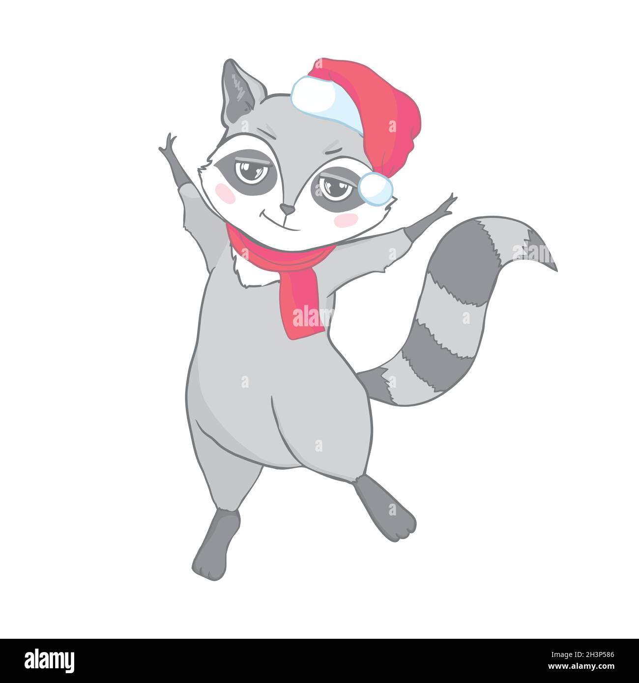 The christmas poster with the image raccoon portrait in Santa's hat ...