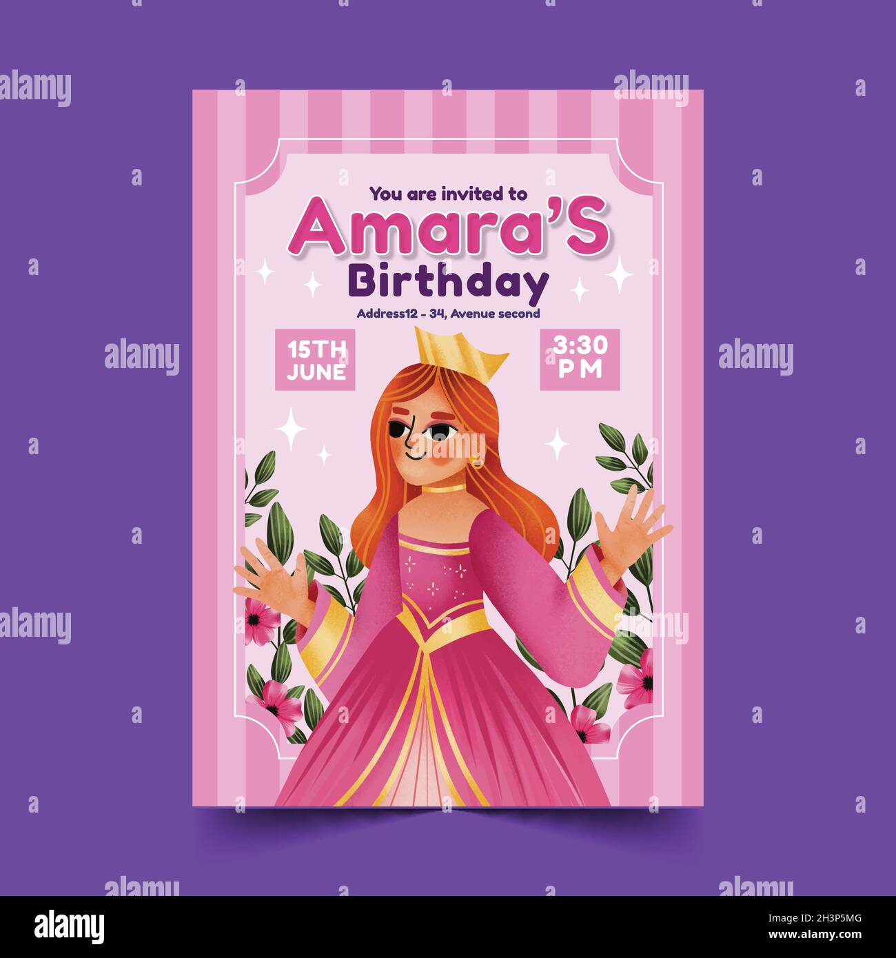 hand painted watercolor princess birthday invitation template vector ...