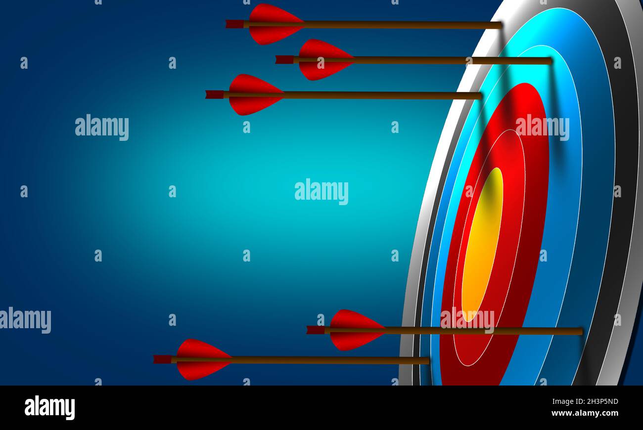 Red arrows missing the center of target board Stock Photo - Alamy