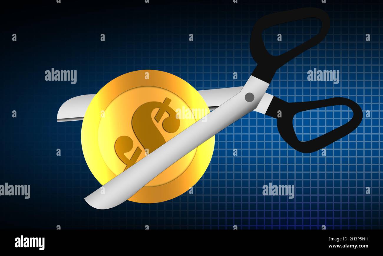 Scissors cutting money. Concept of cost reduction Stock Photo - Alamy