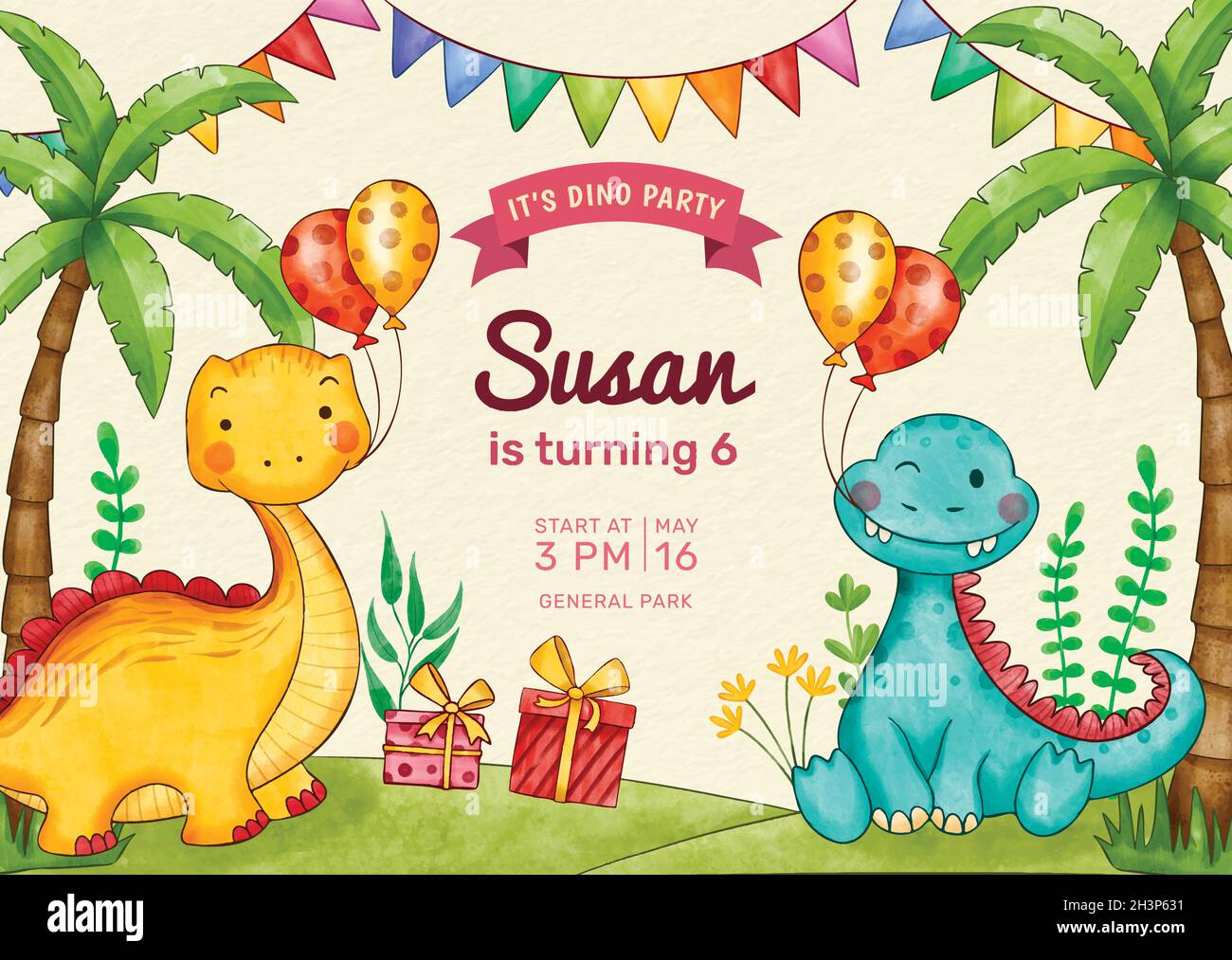 hand painted watercolor dinosaur birthday invitation vector design ...