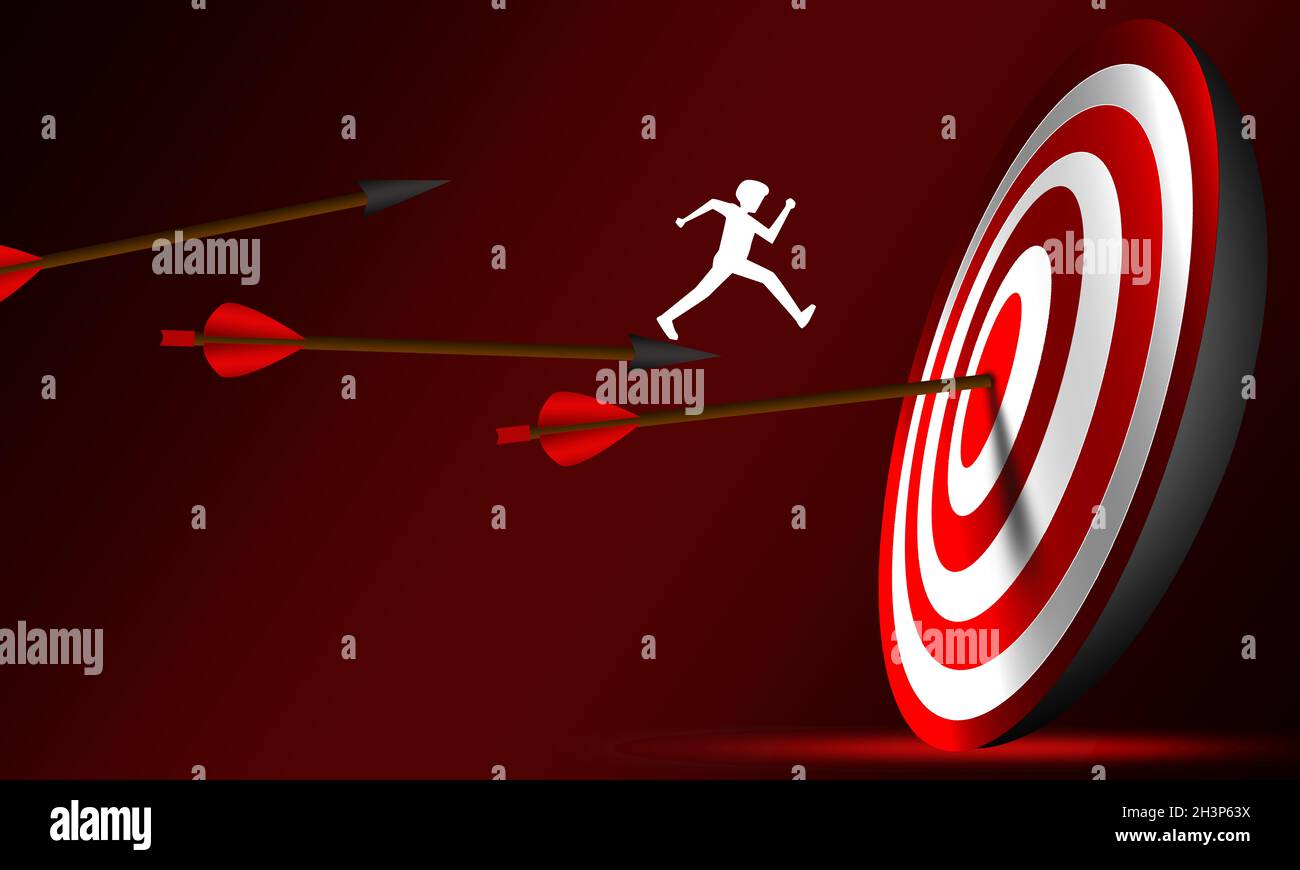 Man jump between red arrows for success Stock Photo - Alamy