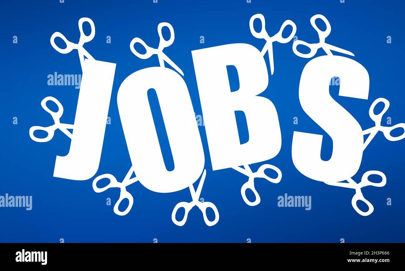 Job cuts concept as scissors cutting through jobs word Stock Photo - Alamy