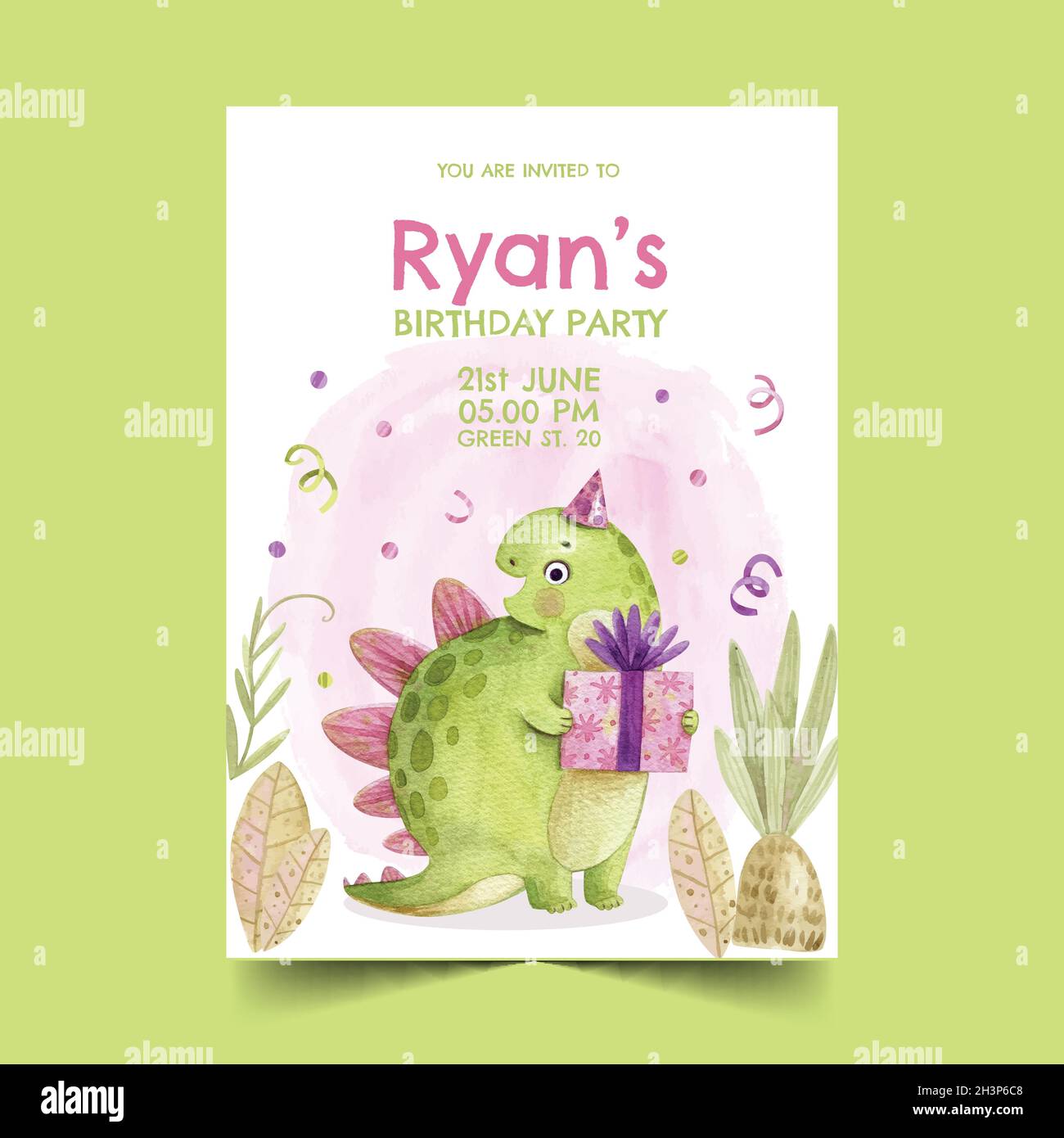 hand painted watercolor dinosaur birthday invitation vector design ...