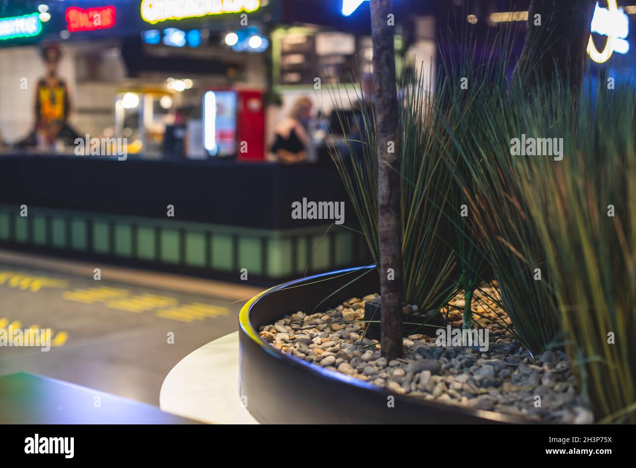 View of food court food hall interior in the big shopping mall, with ...