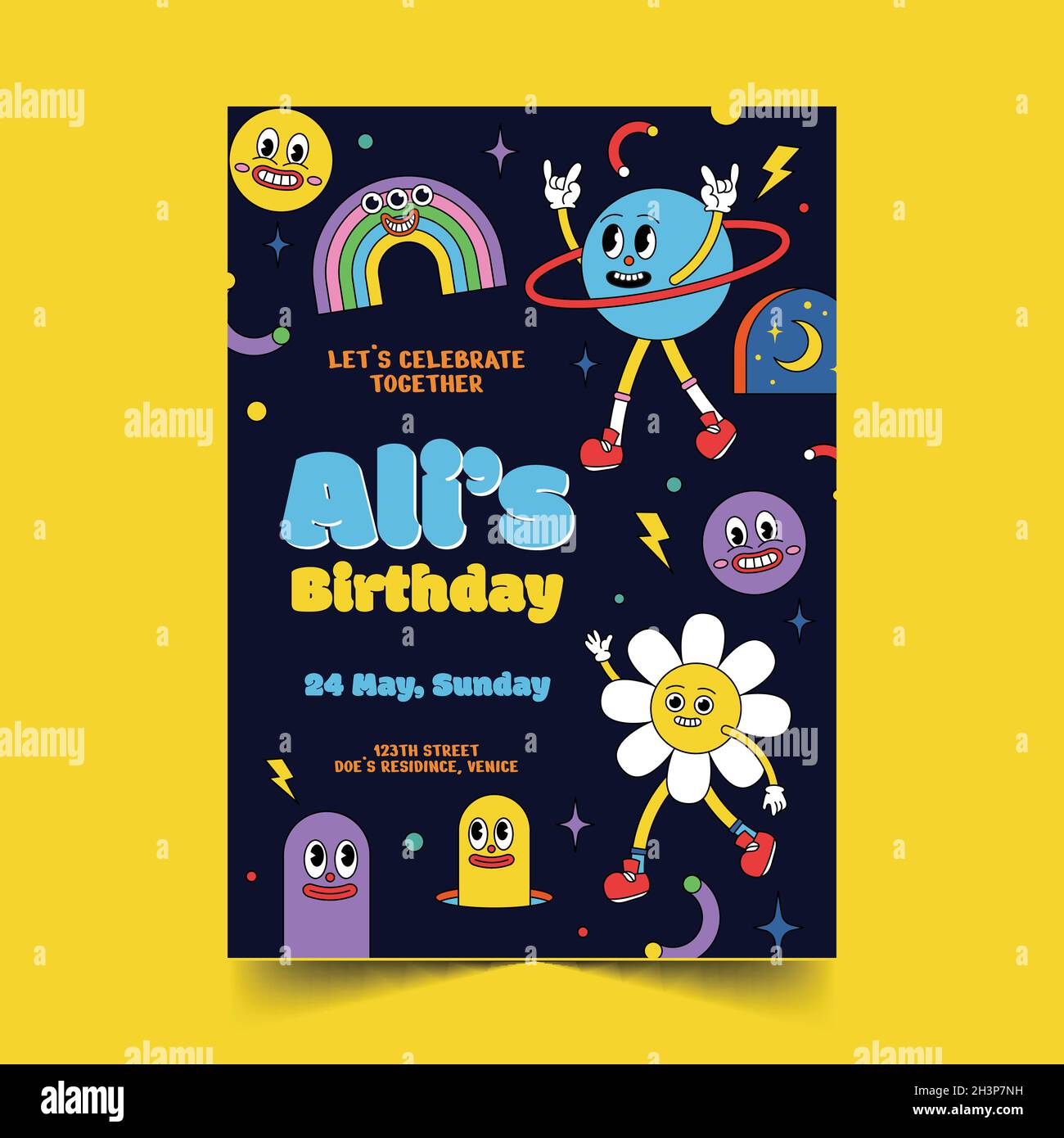 hand drawn trendy cartoon birthday invitation template vector design ...