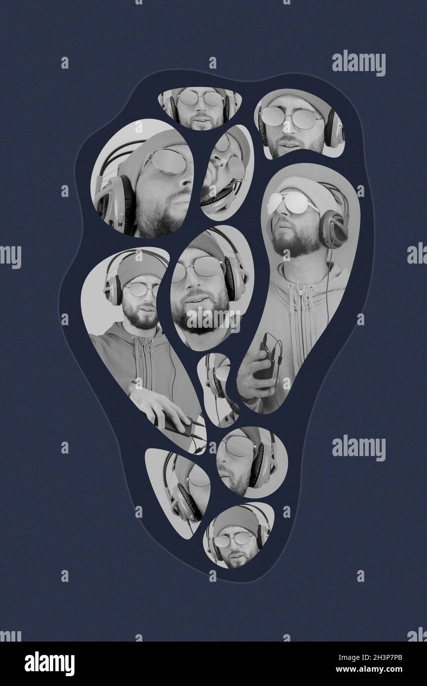 Pop art style collage. Funky bearded hipster DJ in headphone and ...