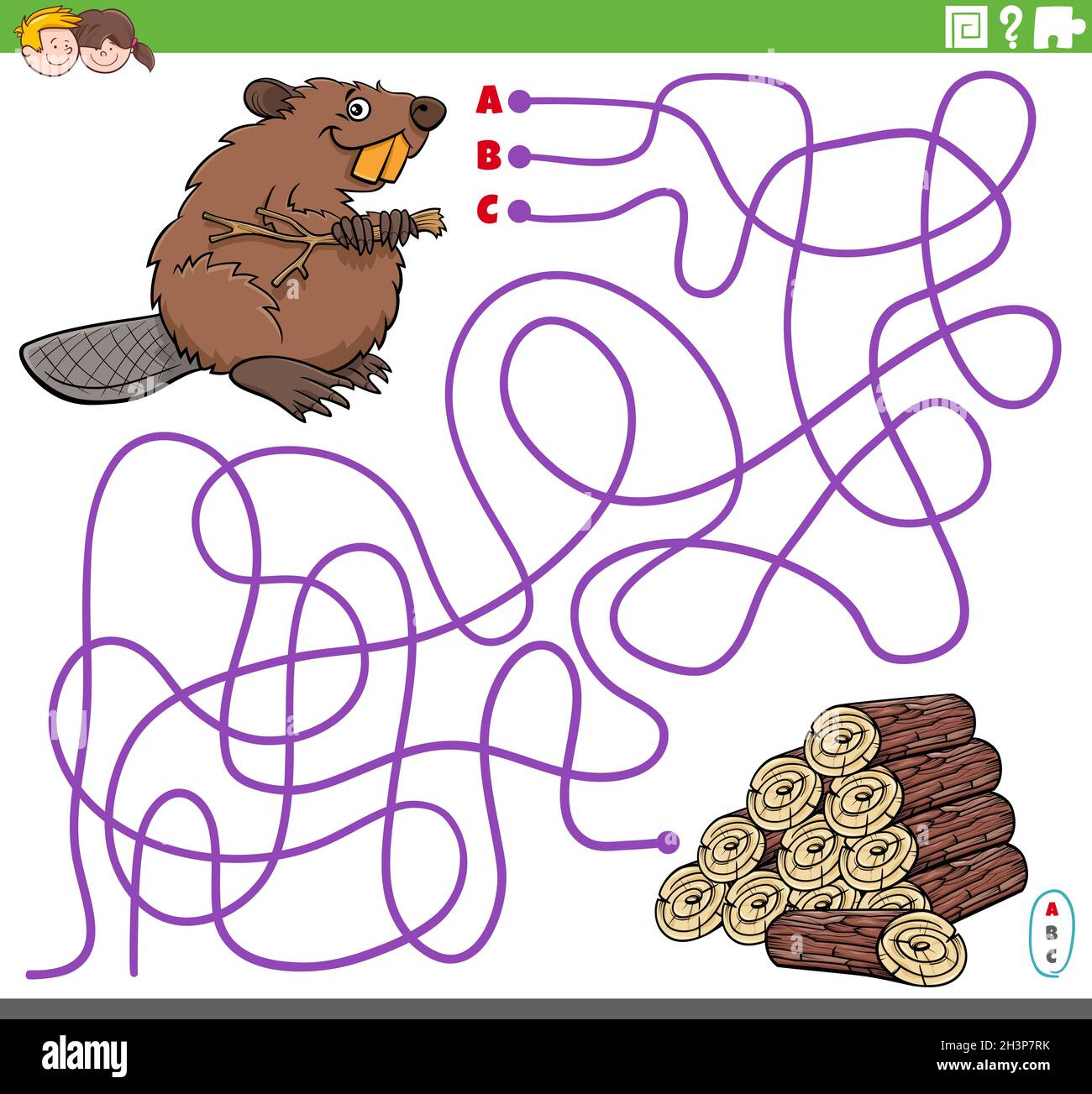 Educational maze game with cartoon beaver and wood logs Stock Photo - Alamy