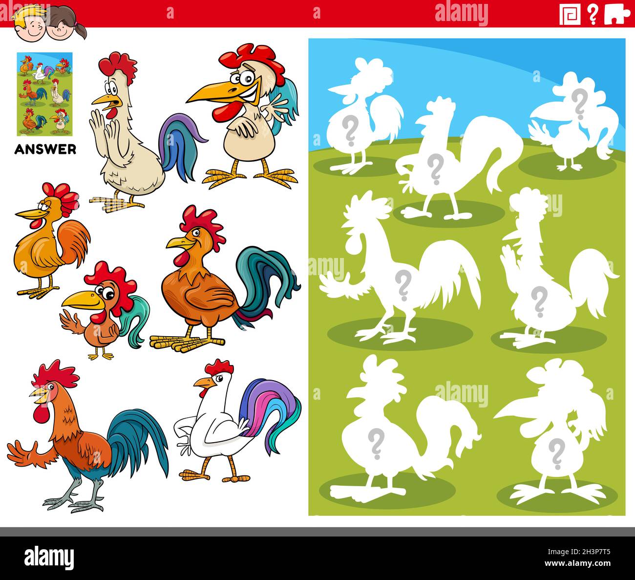 Matching shapes game with cartoon rooster characters Stock Photo - Alamy