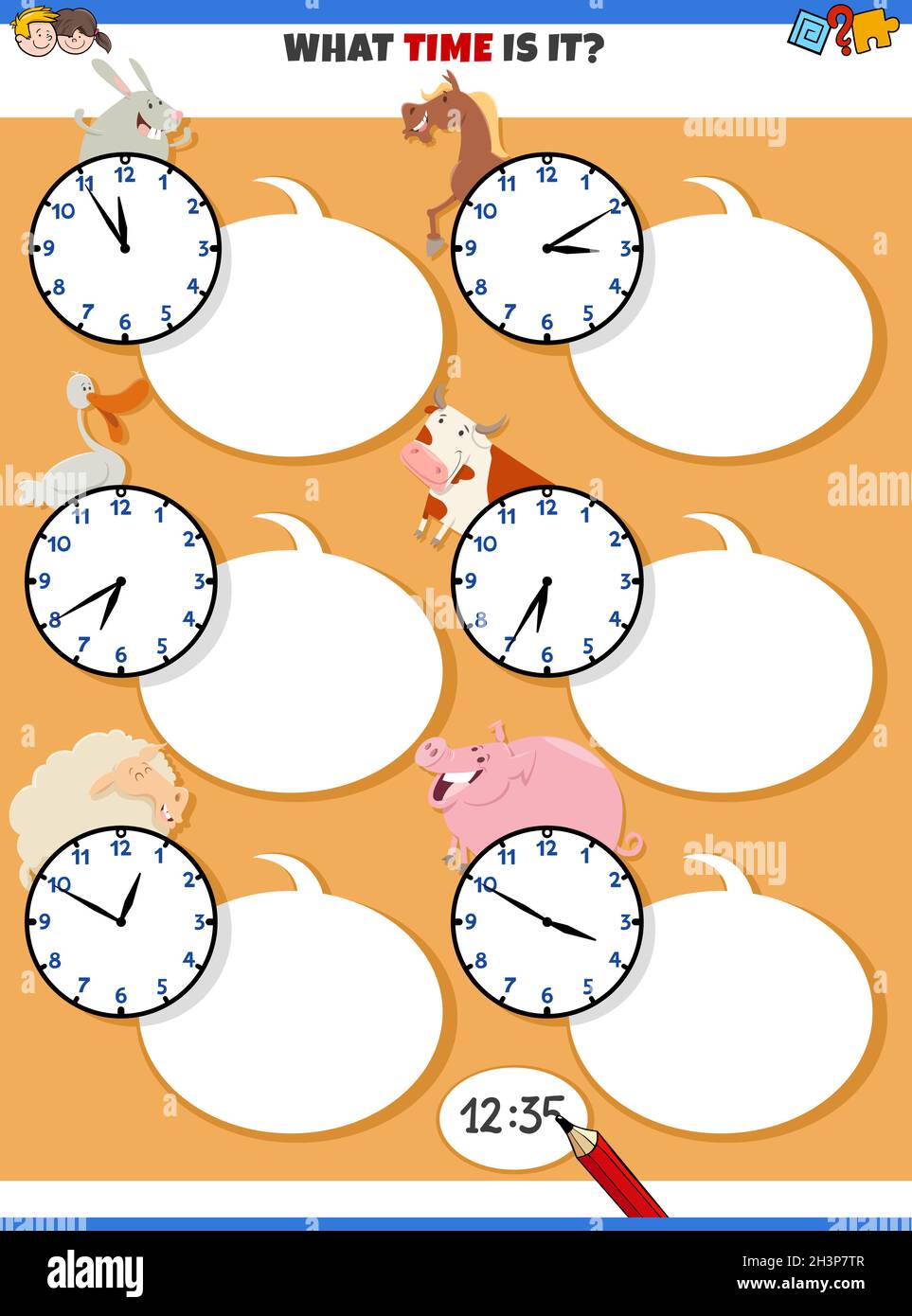 Telling time educational game with cartoon farm animals Stock Photo - Alamy
