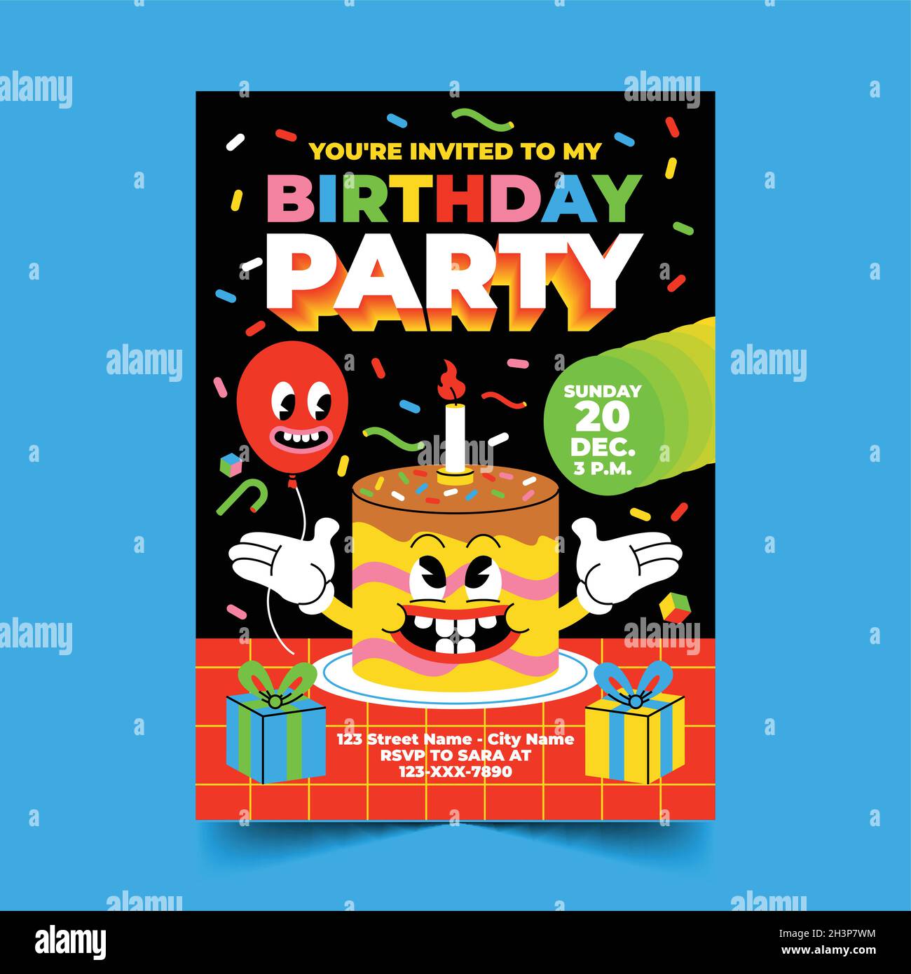 hand drawn flat trendy cartoon birthday invitation vector design ...