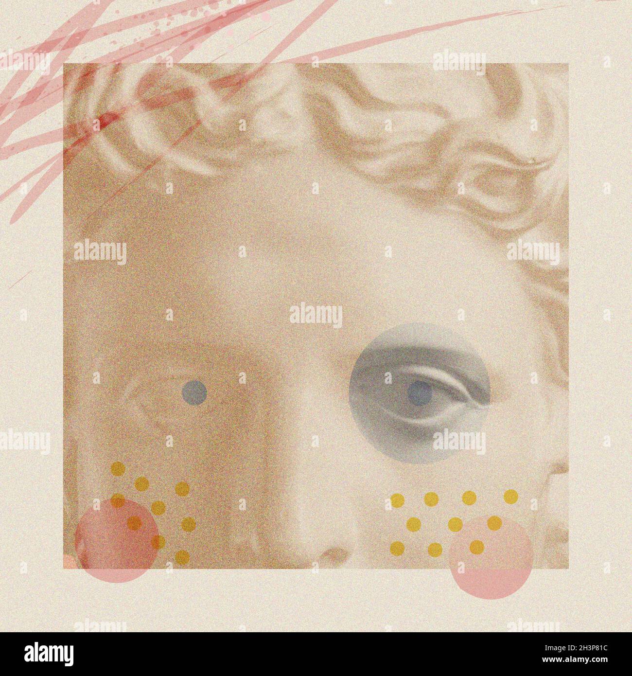 Art collage with antique sculpture of Apollo face and numbers ...