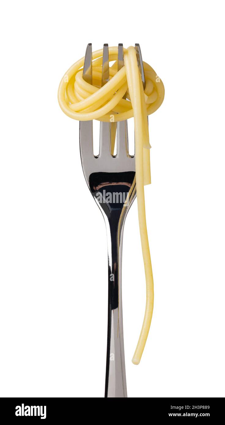 Spaghetti on fork on white background Stock Photo - Alamy