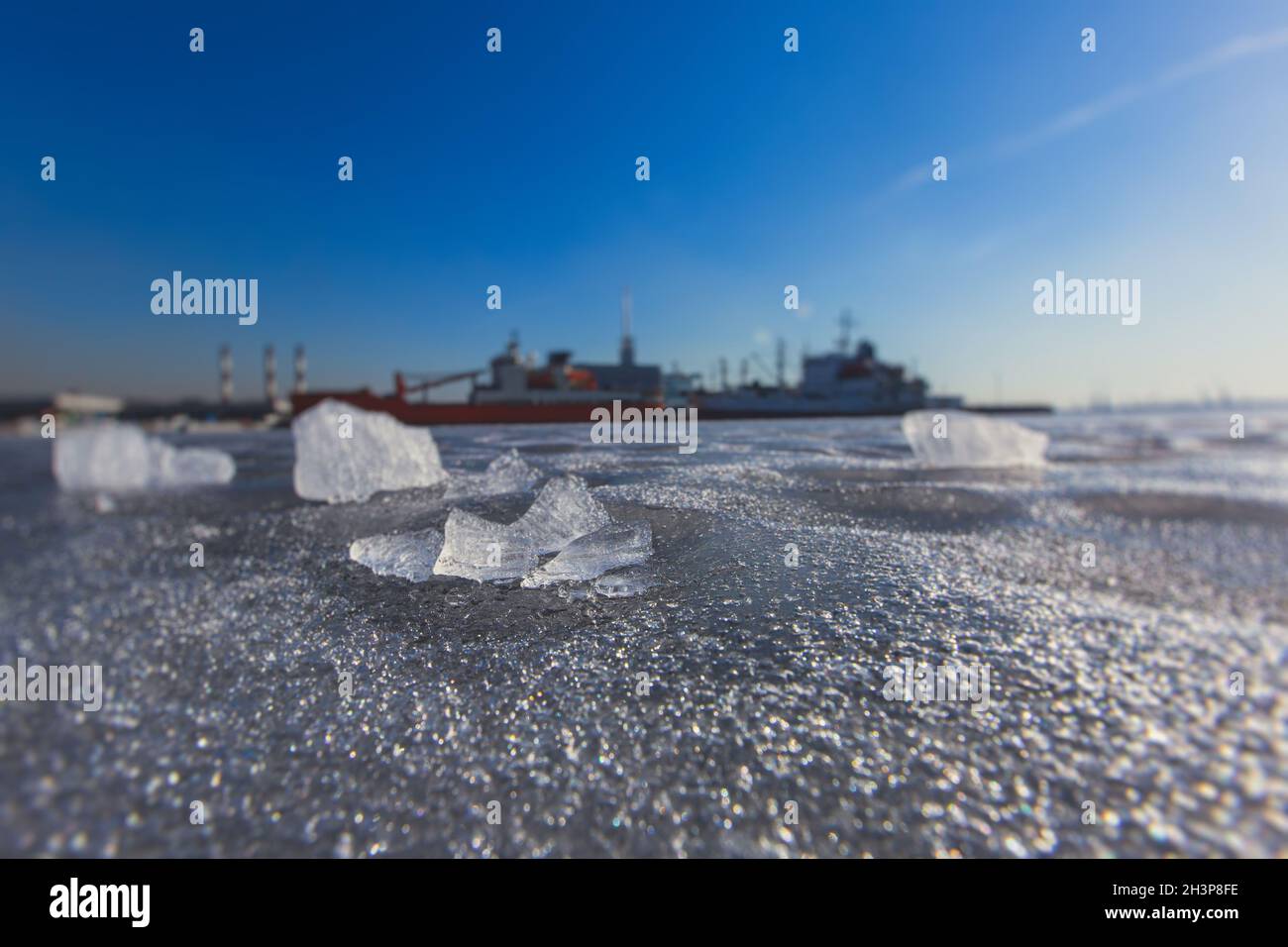 Massive different ship vessels trapped in ice tries to break and leave ...