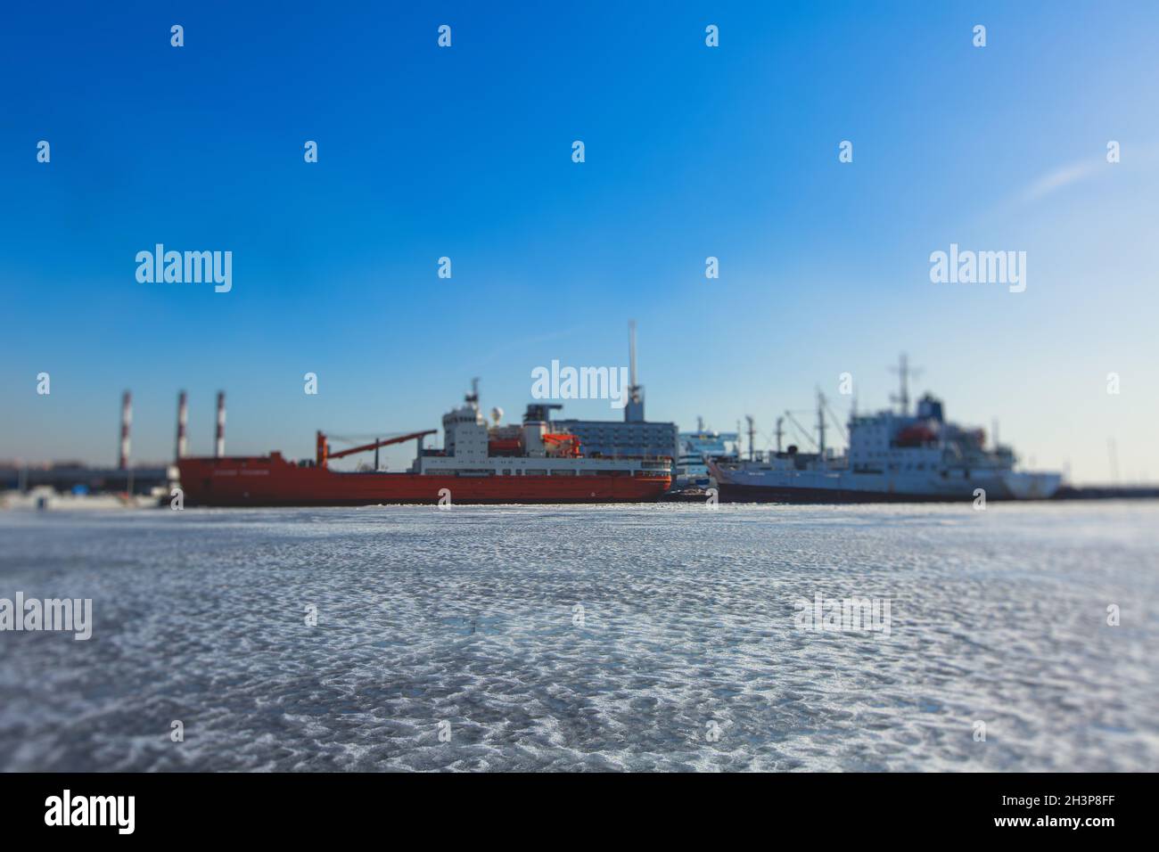Massive different ship vessels trapped in ice tries to break and leave ...