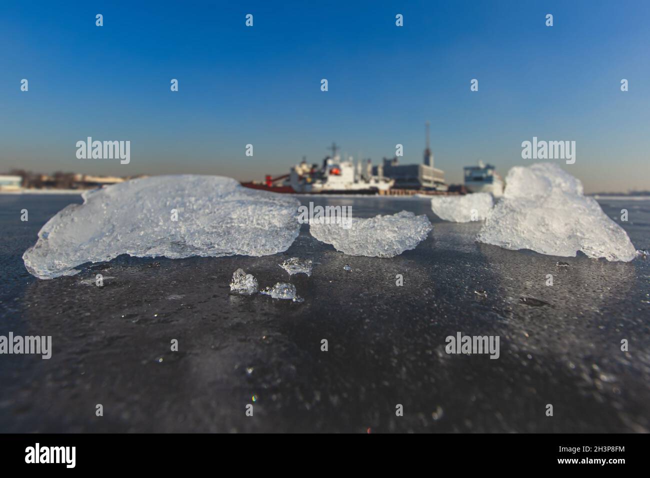 Massive different ship vessels trapped in ice tries to break and leave ...