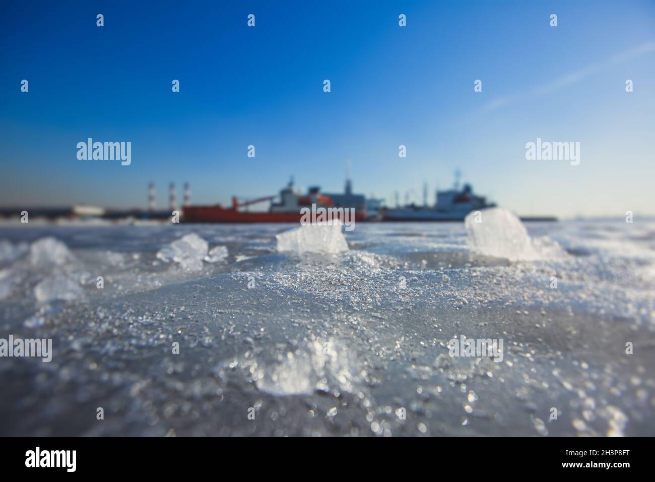 Massive different ship vessels trapped in ice tries to break and leave ...