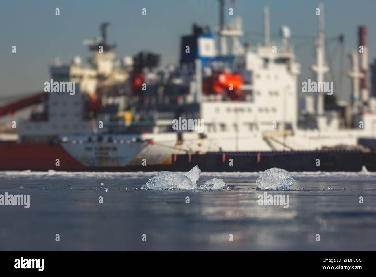 Massive different ship vessels trapped in ice tries to break and leave ...