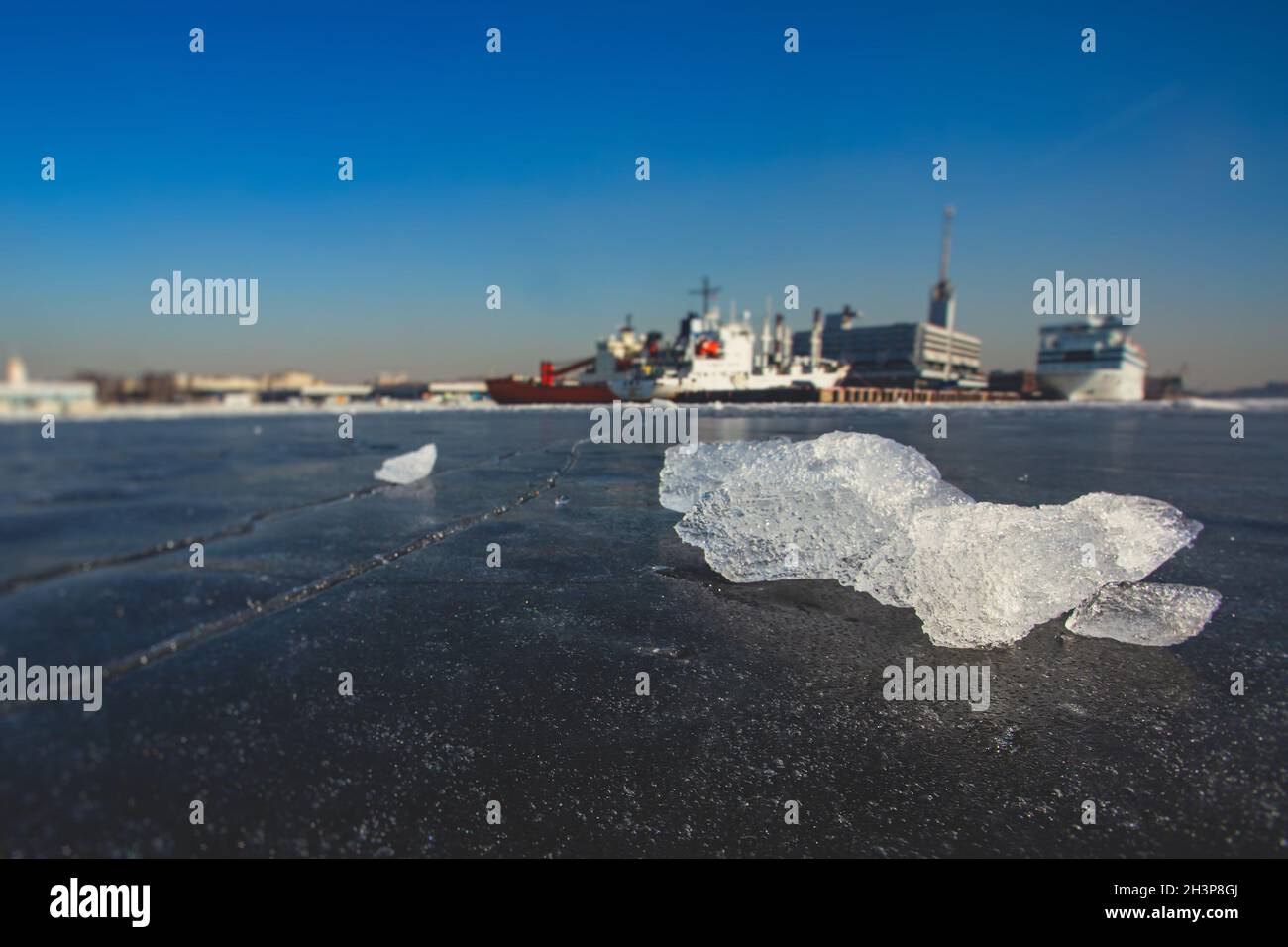 Massive different ship vessels trapped in ice tries to break and leave ...