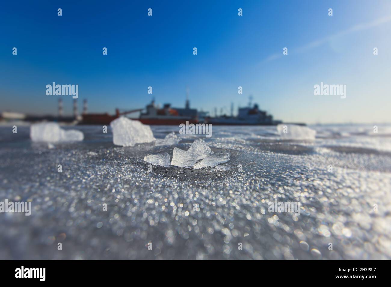 Massive different ship vessels trapped in ice tries to break and leave ...
