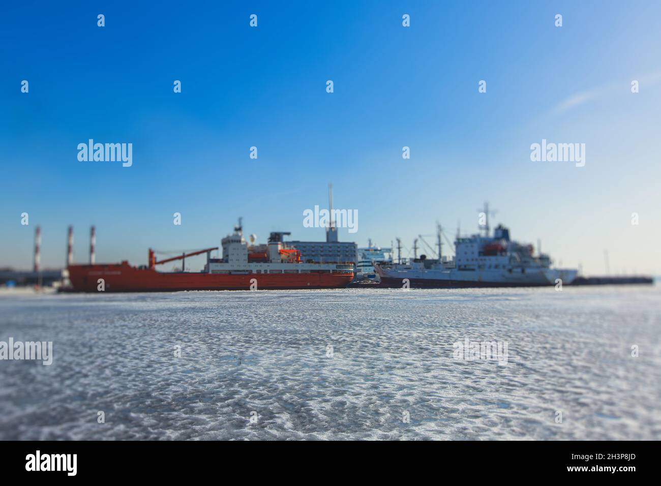 Massive different ship vessels trapped in ice tries to break and leave ...