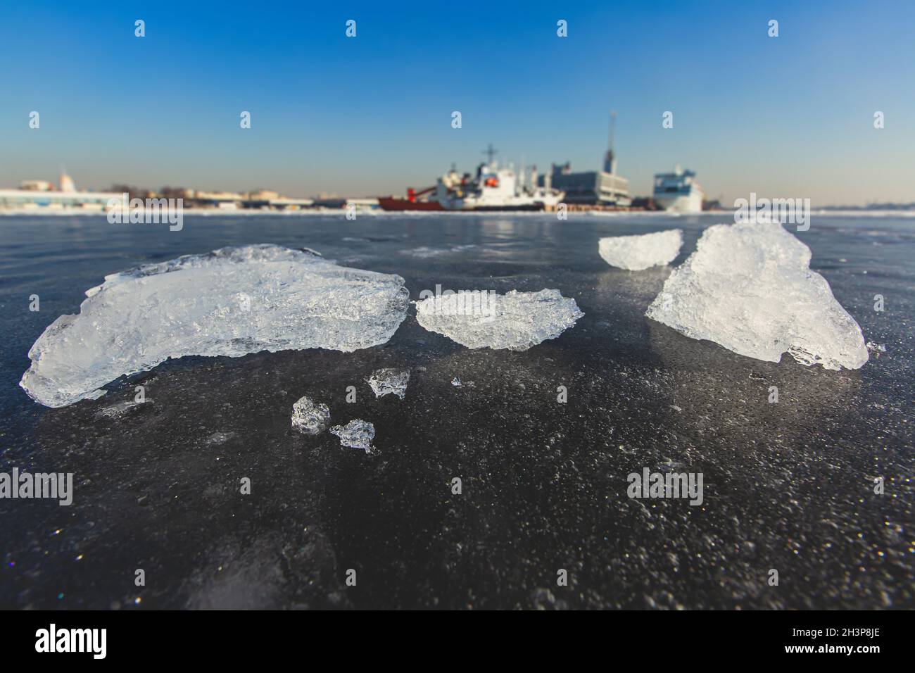 Massive different ship vessels trapped in ice tries to break and leave ...