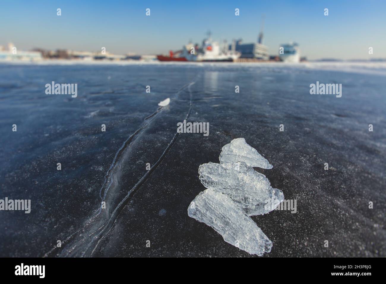 Massive different ship vessels trapped in ice tries to break and leave ...