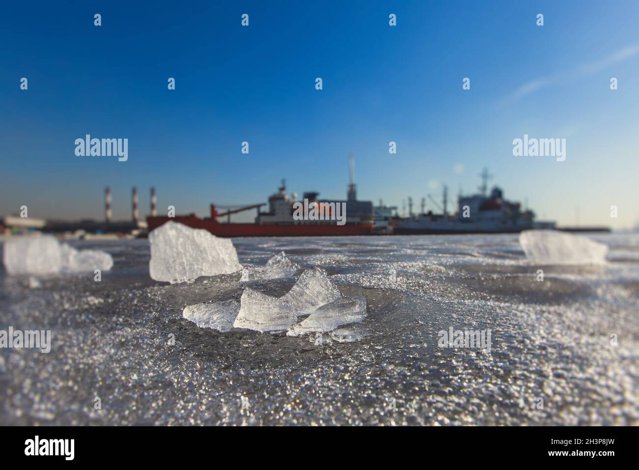 Massive different ship vessels trapped in ice tries to break and leave ...