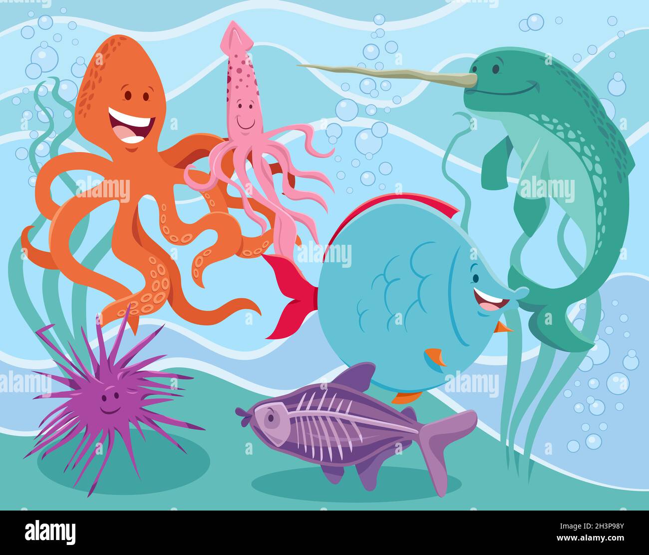 Funny cartoon marine animal characters group Stock Photo - Alamy
