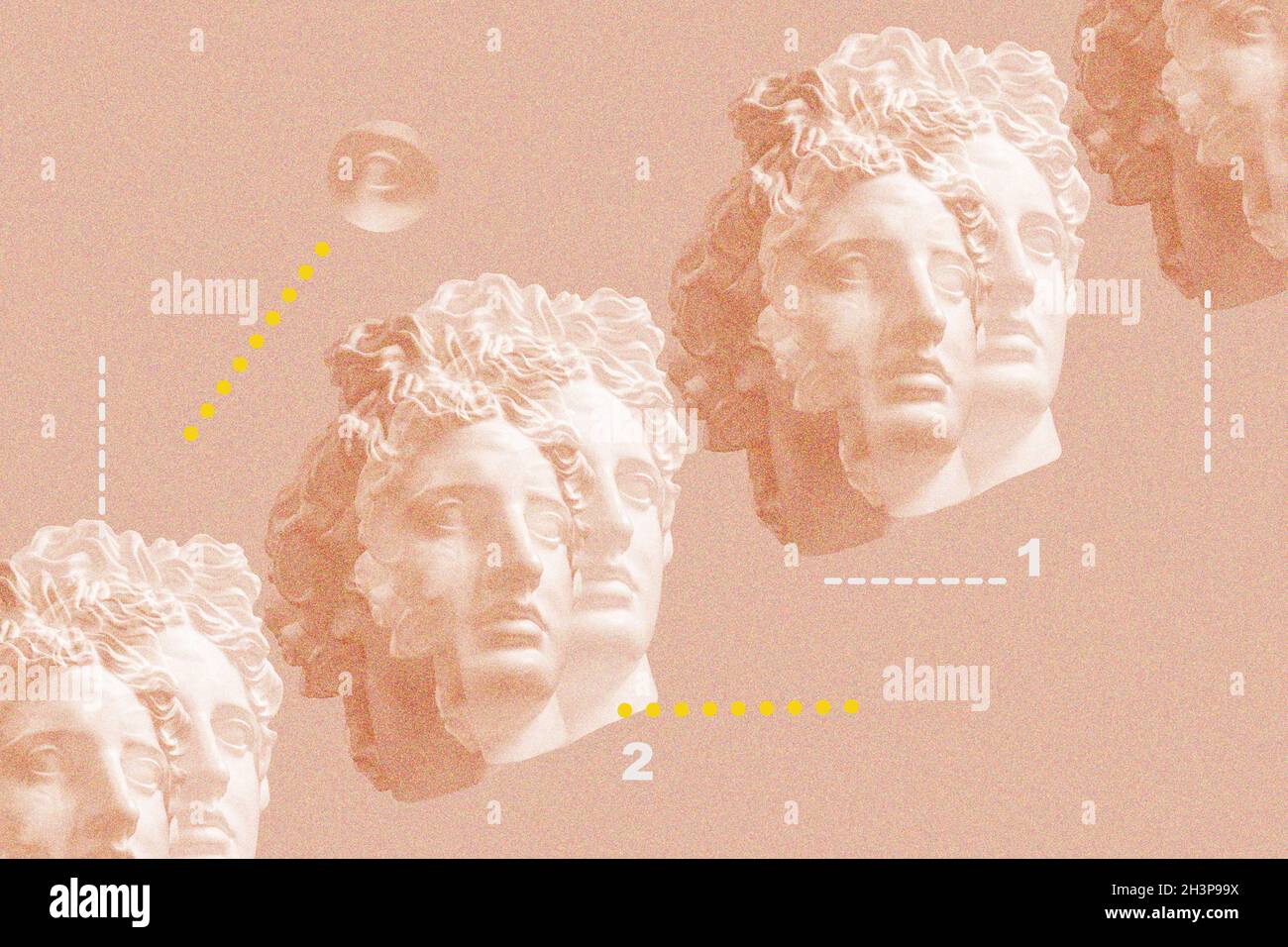 Art collage with antique sculpture of Apollo face and numbers ...