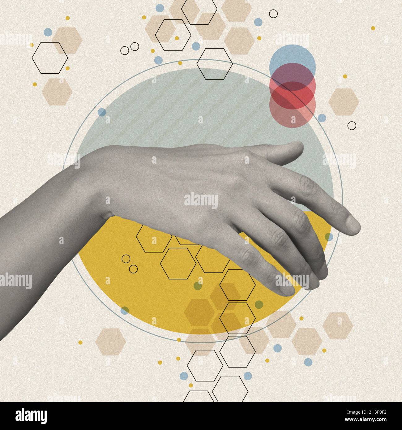 Art collage with human palm and creative elements, geometric shapes for ...