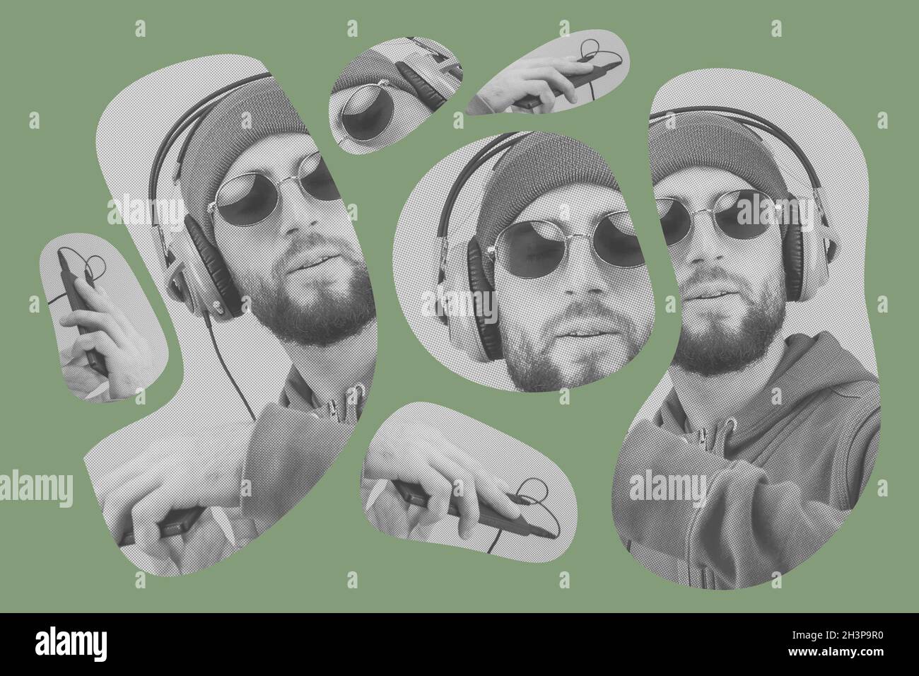Pop art style collage. Funky bearded hipster DJ in headphone and ...