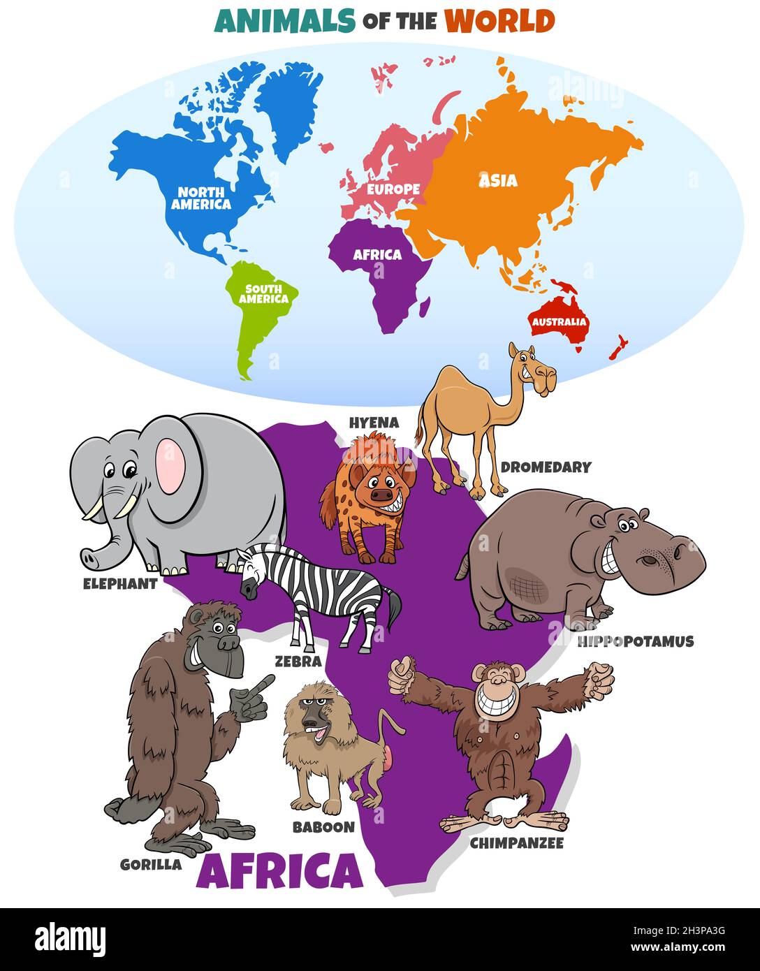 Educational illustration with African animals and continents map Stock ...