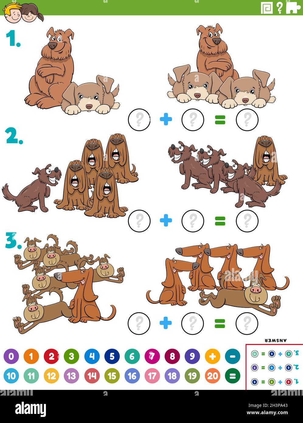 Math addition educational task with dog characters Stock Photo - Alamy