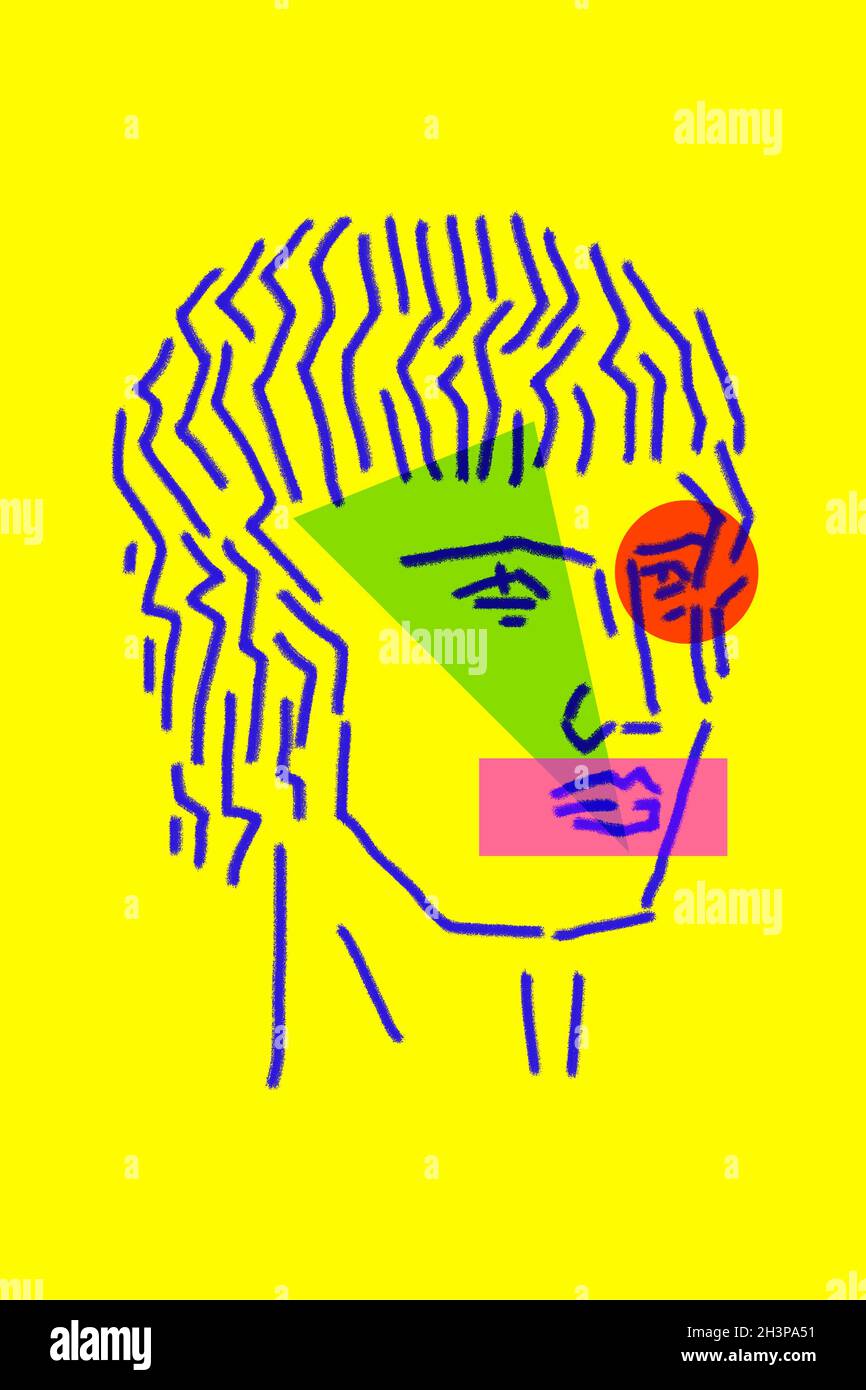 Abstract line surreal face. Modern art creative concept image with ...