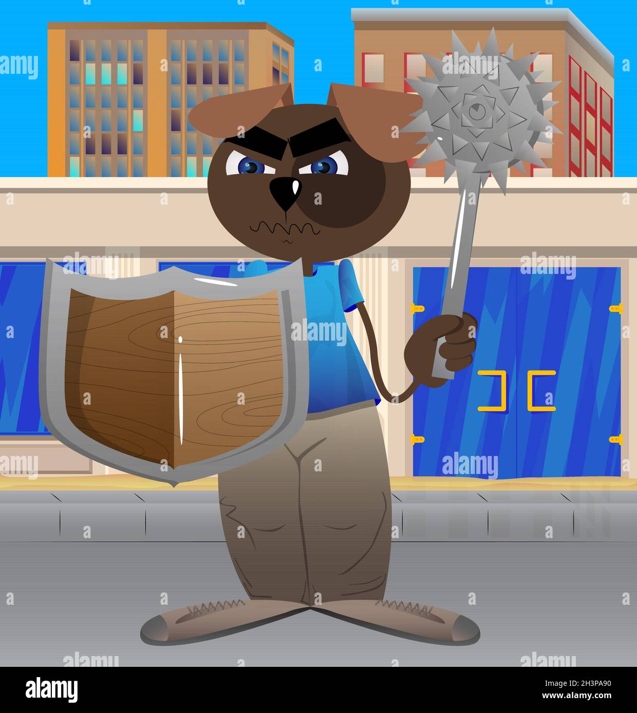 Funny cartoon dog holding a spiked mace and shield. Vector illustration ...