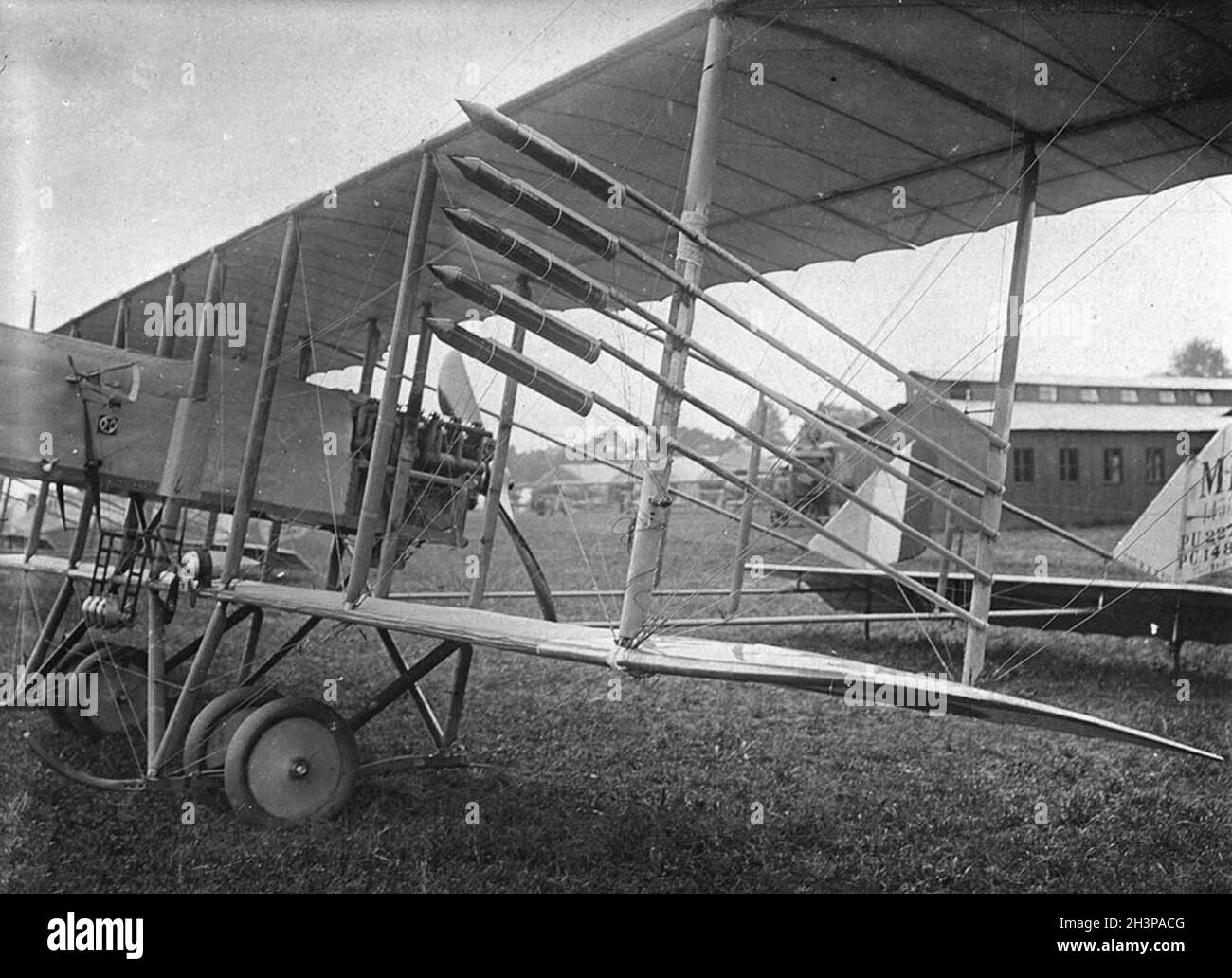 A Farman biplane with rockets attached to its struts Stock Photo - Alamy