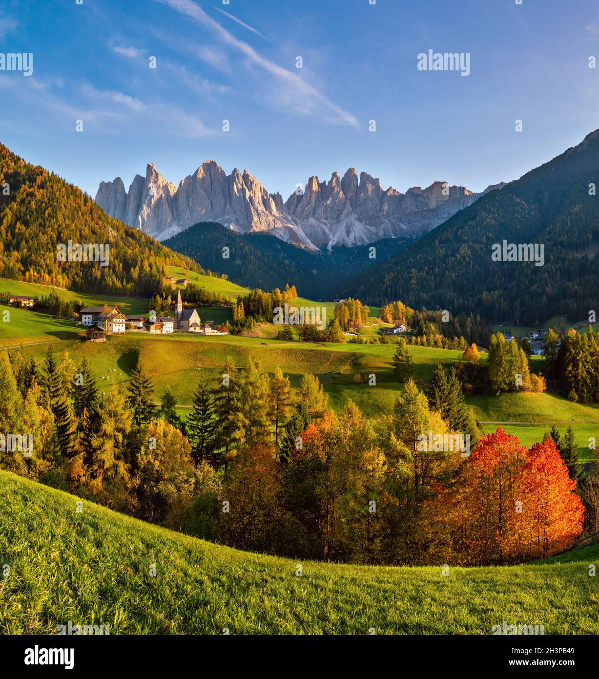 Autumn evening Santa Magdalena famous Italy Dolomites village view in ...